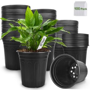 grotheory 100 pack 1 gallon nursery pots, plastic pots for plants, plastic flower pots, plastic plant pot, seedling pots for potting, seed, succulent, planting pots with plant labels, 6.7 inch