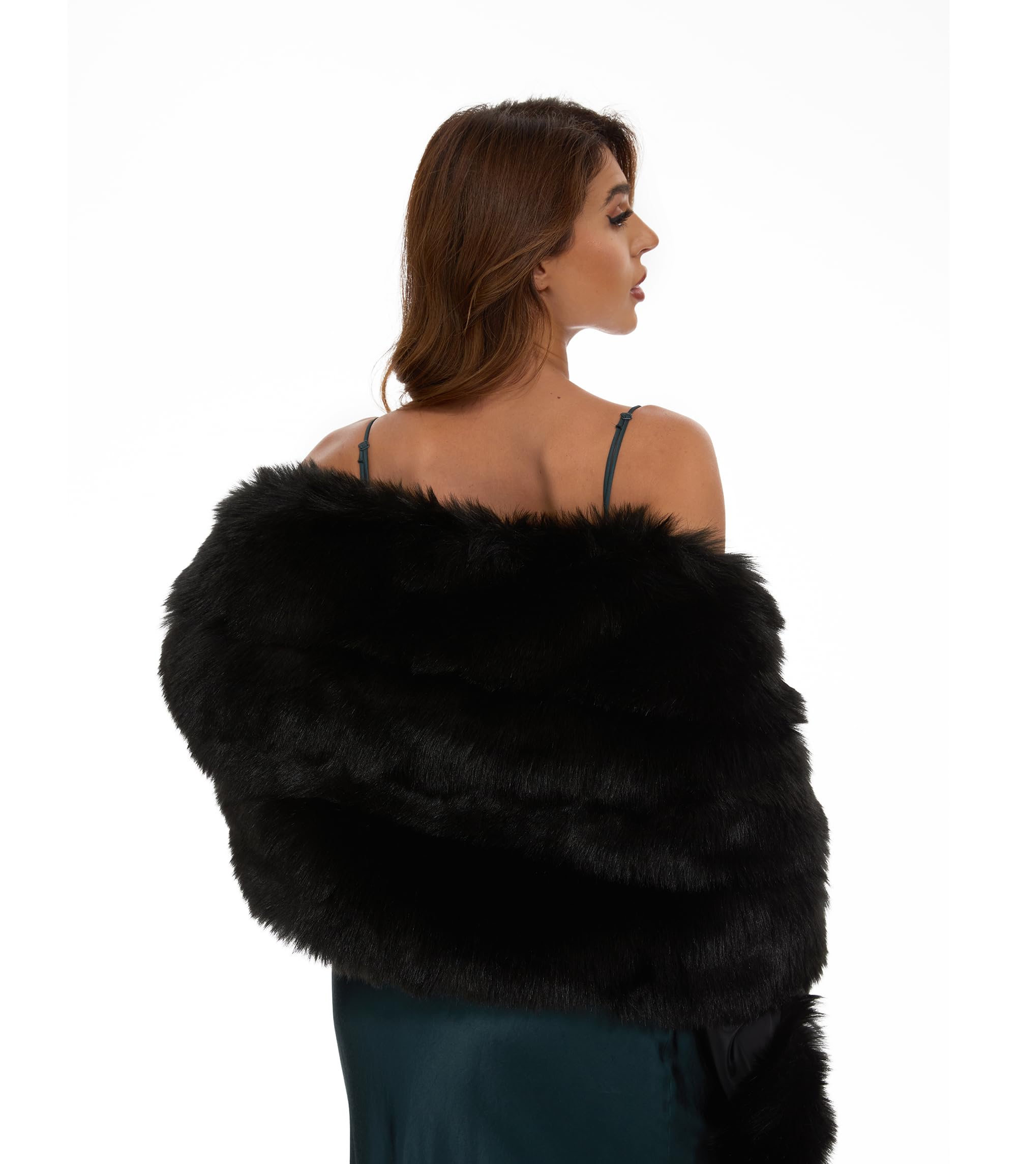 FlyGulls Women's Black Faux Fur Shawl Luxury Fur Shawls and Wraps for Evening Dresses Bridal Faux Fur Wrap for Bride and Bridesmaids Warm Fur Cape for Winter Wedding Evening Party（Black）