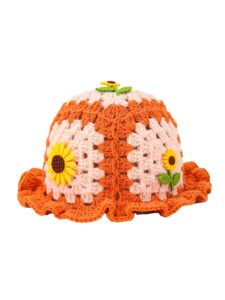 verdusa women's floral applique crochet bucket hats knit caps orange one-size