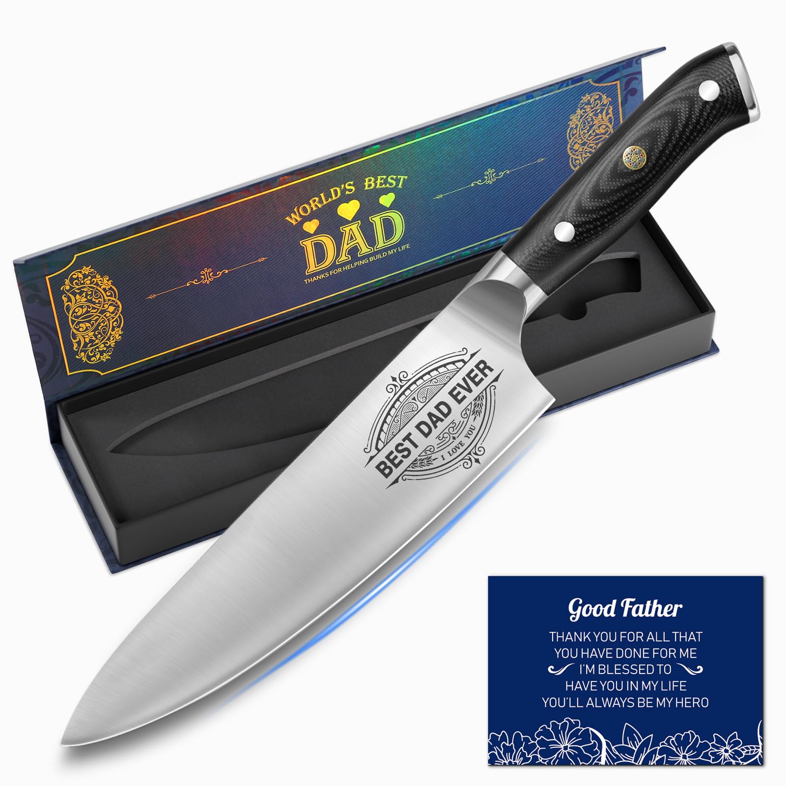 Fathers Day Dad Gifts from Daughter Son,Chef Knife "BEST DAD EVER",Birthday Christmas Gifts for Dad ,8 Inch High Carbon Stainless Steel Sharp Professional Chef's Knife with G10 Handle and Gift Box