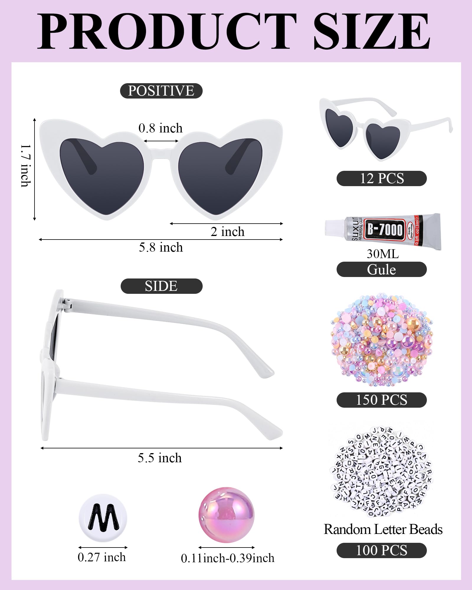 Xuhal 13 Pairs Valentines Day Heart Party Sunglass Bulk Bachelorette Glasses with DIY Letter Bead Pearl for Wedding Party(White)