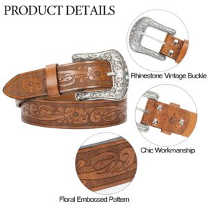 Western-Leather-Belts for Women Turquoise-Oval-Buckle Embossed Cowgirl Belt for Jeans Pants (Fit for 31-37" Waist)