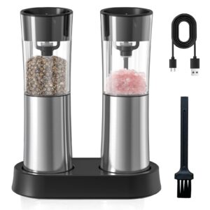 electric salt and pepper grinder set — gravity rechargeable salt pepper grinder with charging base and led light, adjustable coarseness, large capacity, one-handed operation salt pepper mills