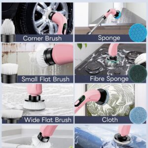 Fader Electric Spin Scrubber, New Cordless Shower Scrubber with 8 Replaceable Brush Heads and Adjustable Extension Handle, Power Cleaning Brush for Bathroom, Kitchen, Car, Tile, Wall, Floor-Pink