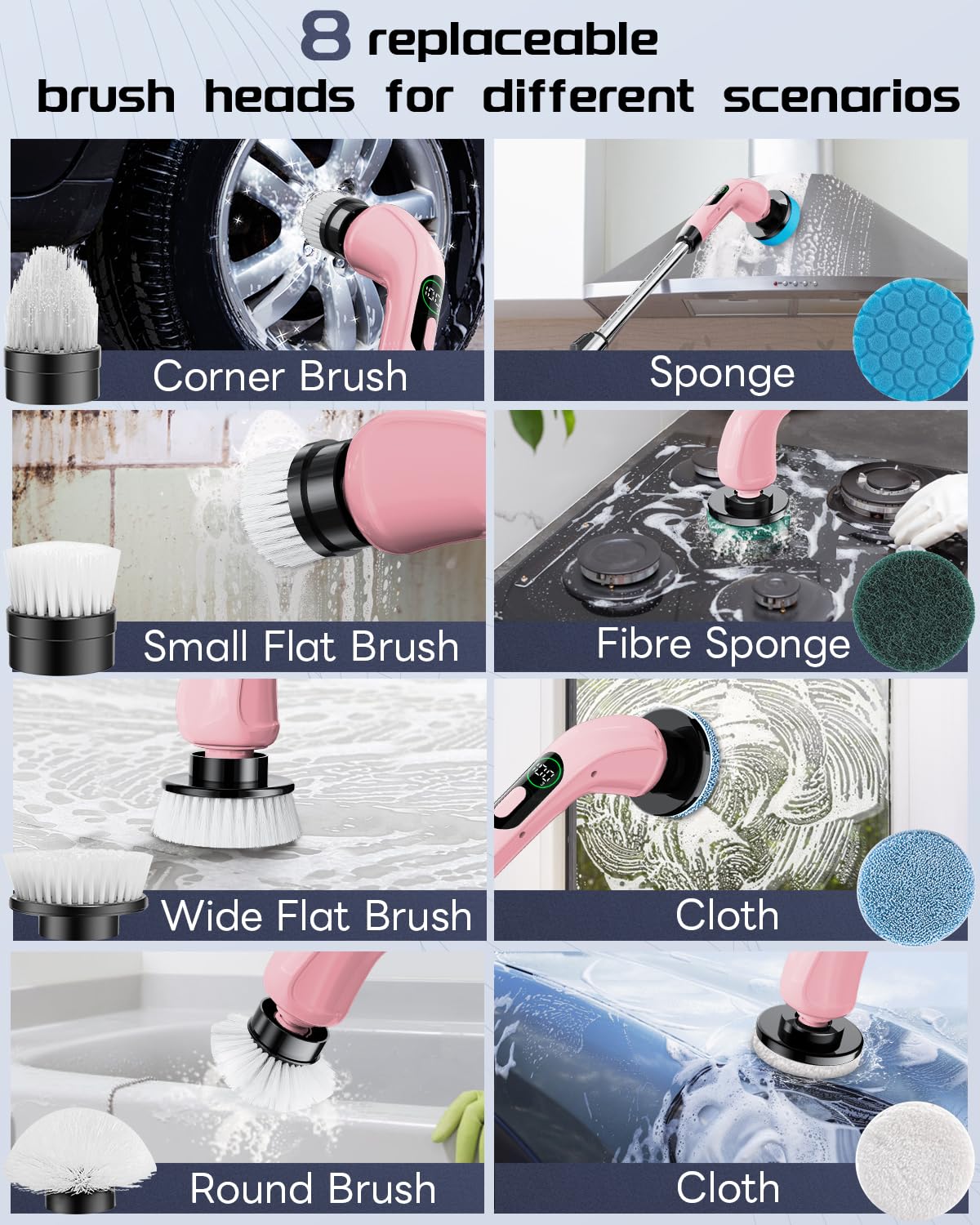 Fader Electric Spin Scrubber, New Cordless Shower Scrubber with 8 Replaceable Brush Heads and Adjustable Extension Handle, Power Cleaning Brush for Bathroom, Kitchen, Car, Tile, Wall, Floor-Pink