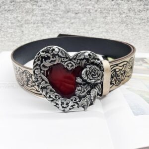 Rsleepd Retro Pattern Heart Belt, Fashion Printing Belt with Heart Buckle Adjustable Punk Belt for Women