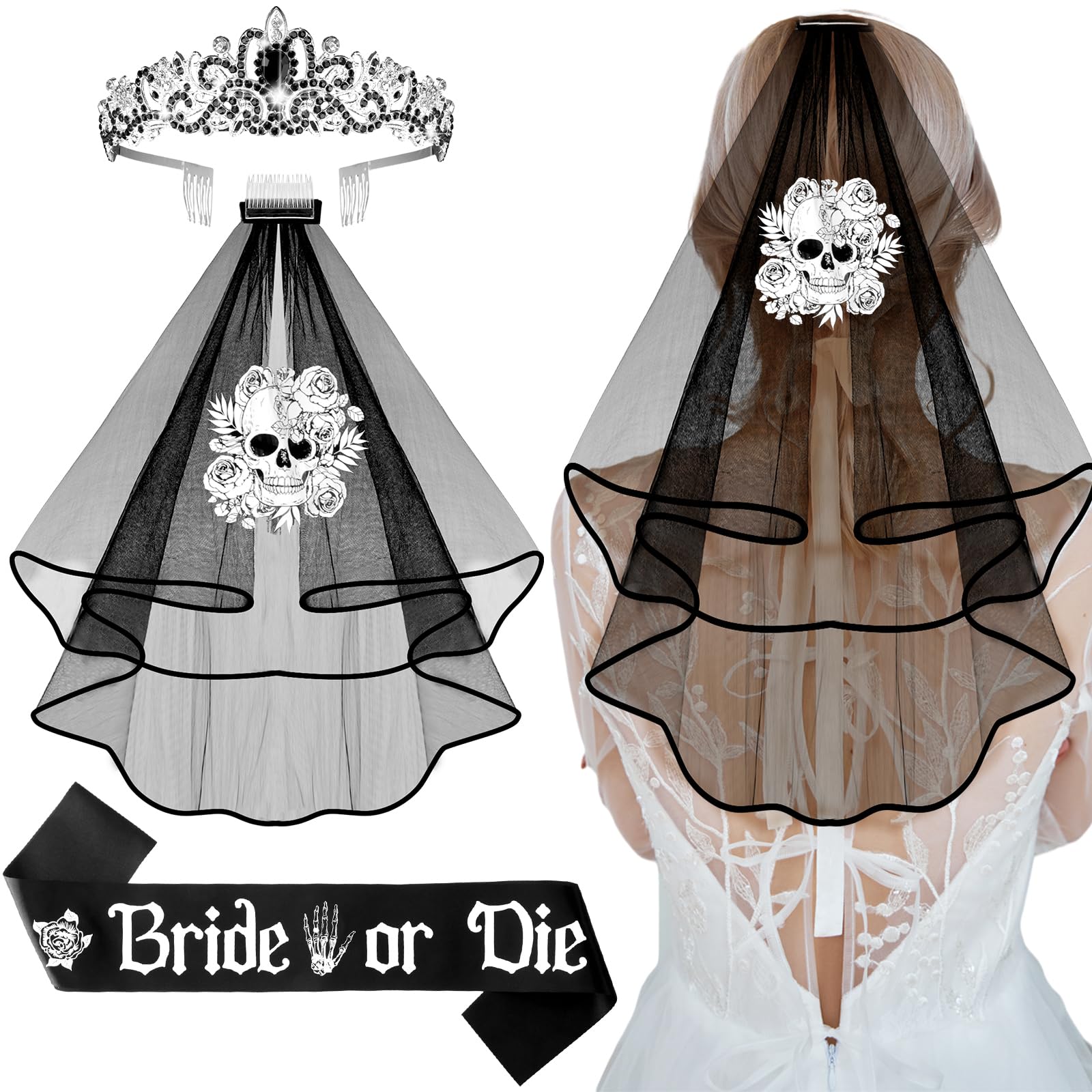 Crowye 3 Pcs Black Bride Veil Bride or Die Sash Bachelorette Party Decorations Crystal Bride Tiara Bride Crown Skull Wedding Veil with Comb Wedding Day Accessories Bridal Shower Decoration