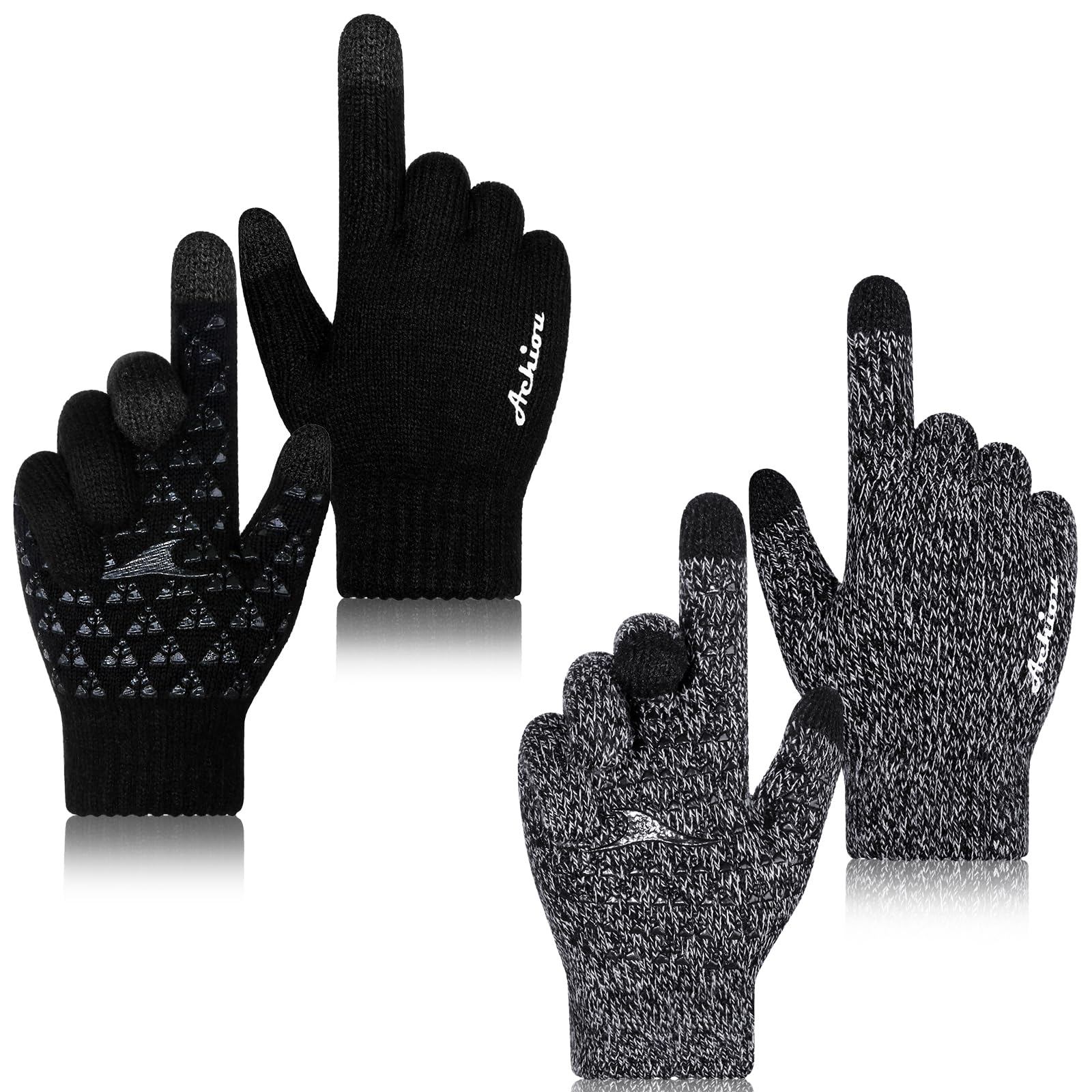 Achiou Winter Gloves for Men Women,2 Pairs Touch Screen Texting Warm Gloves with Thermal Soft Knit Lining,Elastic Cuff