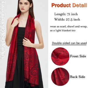 Gragengs Pashmina Shawl Wrap with Ethnic Paisley Two Tone Jacquard Scarf for Women,Paisley-Black Red