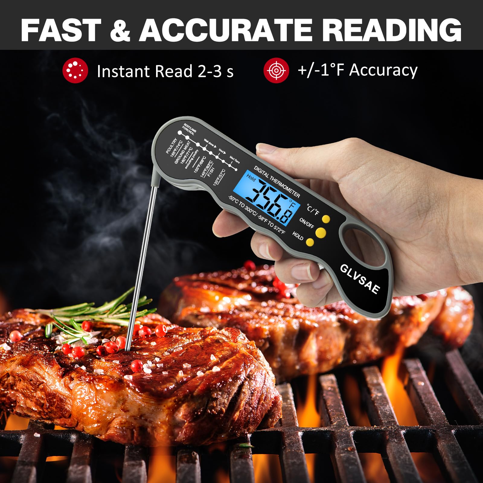 Waterproof Digital Instant Read Meat Thermometer with 4.6” Folding Probe Backlight & Calibration Function for Cooking Food Candy, BBQ Grill, Liquids,Beef by GLVSAE