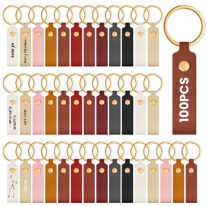 wavyknot 100 pcs pu leather keychain blanks bulk laser engraving blanks keychain kit with key rings for diy key chains craft(3.7 x 0.7 inches,multicolor)