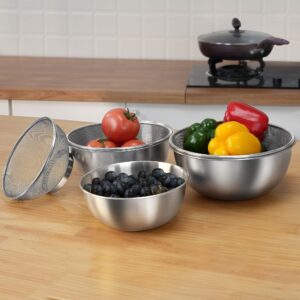 6 pcs stainless steel colander set with 1.2qt 2qt and 3qt capacity,stainless steel strainer with metal mixing bowls,colander stainless steel for kitchen drain pasta rice fruit vegetable washing,silver