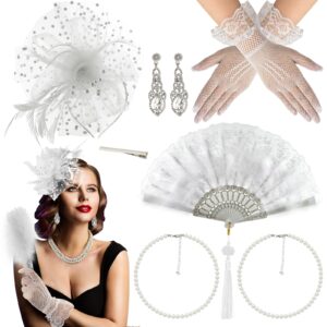 mototo tea party hat, 6 pcs vintage fascinator hat, feather folding fan, lace gloves, pearl necklace, earrings for women and girls, ideal for evening wedding and tea party (white)