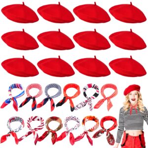 shinymoon 24 pcs wool beret hat bulk winter artist beanie beret warm french hat with silky neck scarf for women girl lady(red, elegant style)