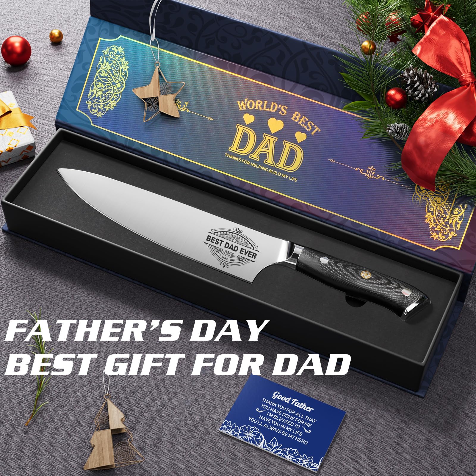 Fathers Day Dad Gifts from Daughter Son,Chef Knife "BEST DAD EVER",Birthday Christmas Gifts for Dad ,8 Inch High Carbon Stainless Steel Sharp Professional Chef's Knife with G10 Handle and Gift Box