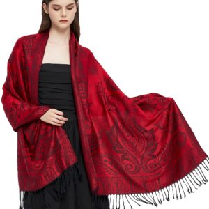 Gragengs Pashmina Shawl Wrap with Ethnic Paisley Two Tone Jacquard Scarf for Women,Paisley-Black Red