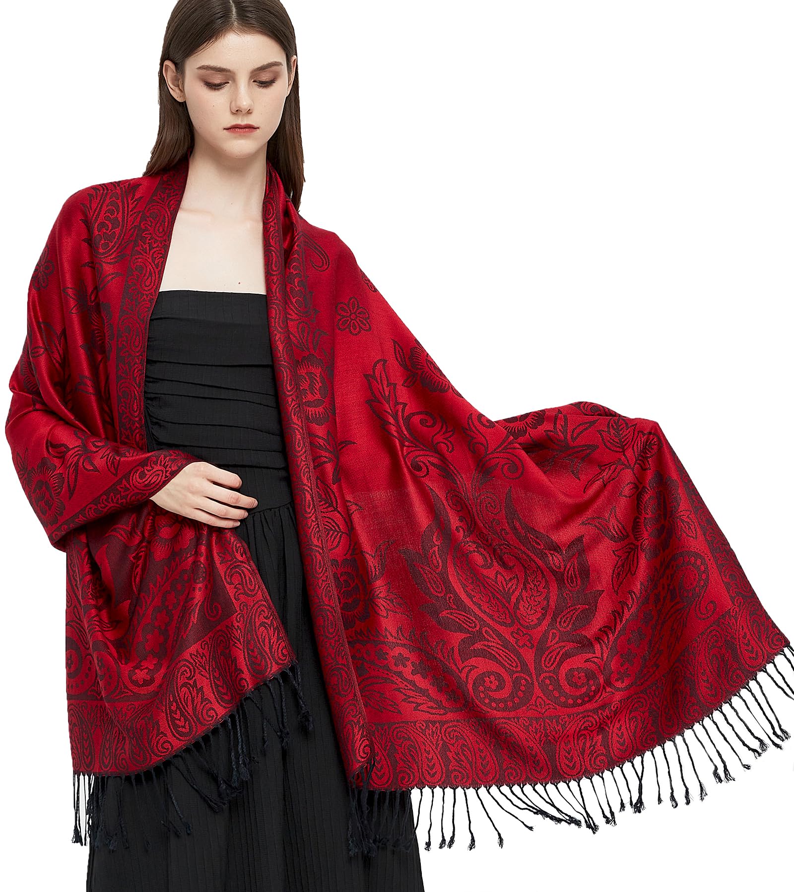 Gragengs Pashmina Shawl Wrap with Ethnic Paisley Two Tone Jacquard Scarf for Women,Paisley-Black Red