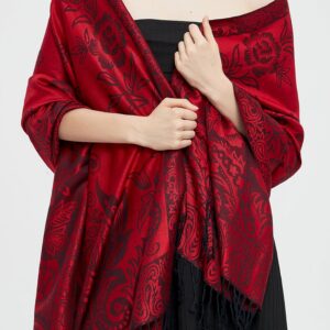 Gragengs Pashmina Shawl Wrap with Ethnic Paisley Two Tone Jacquard Scarf for Women,Paisley-Black Red