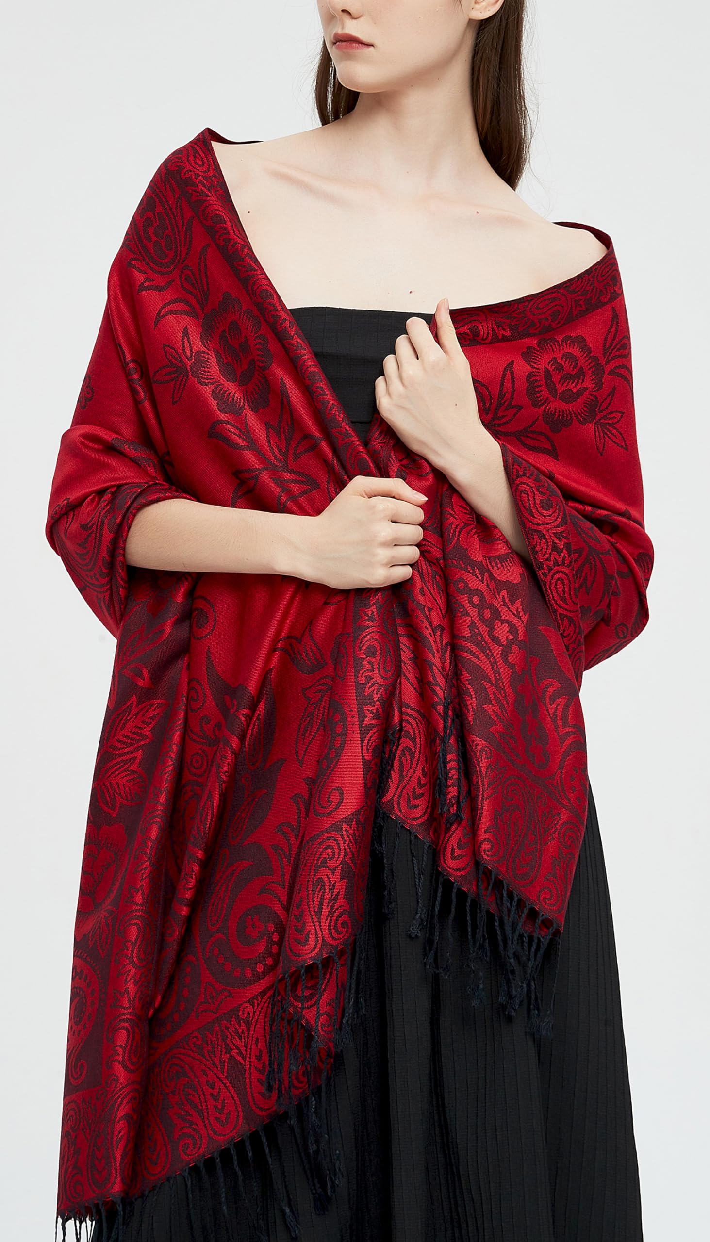 Gragengs Pashmina Shawl Wrap with Ethnic Paisley Two Tone Jacquard Scarf for Women,Paisley-Black Red