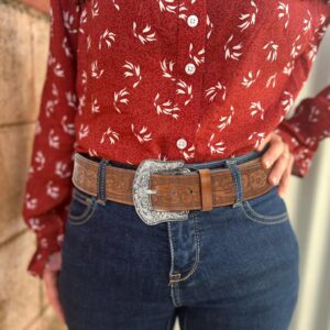 Western-Leather-Belts for Women Turquoise-Oval-Buckle Embossed Cowgirl Belt for Jeans Pants (Fit for 31-37" Waist)