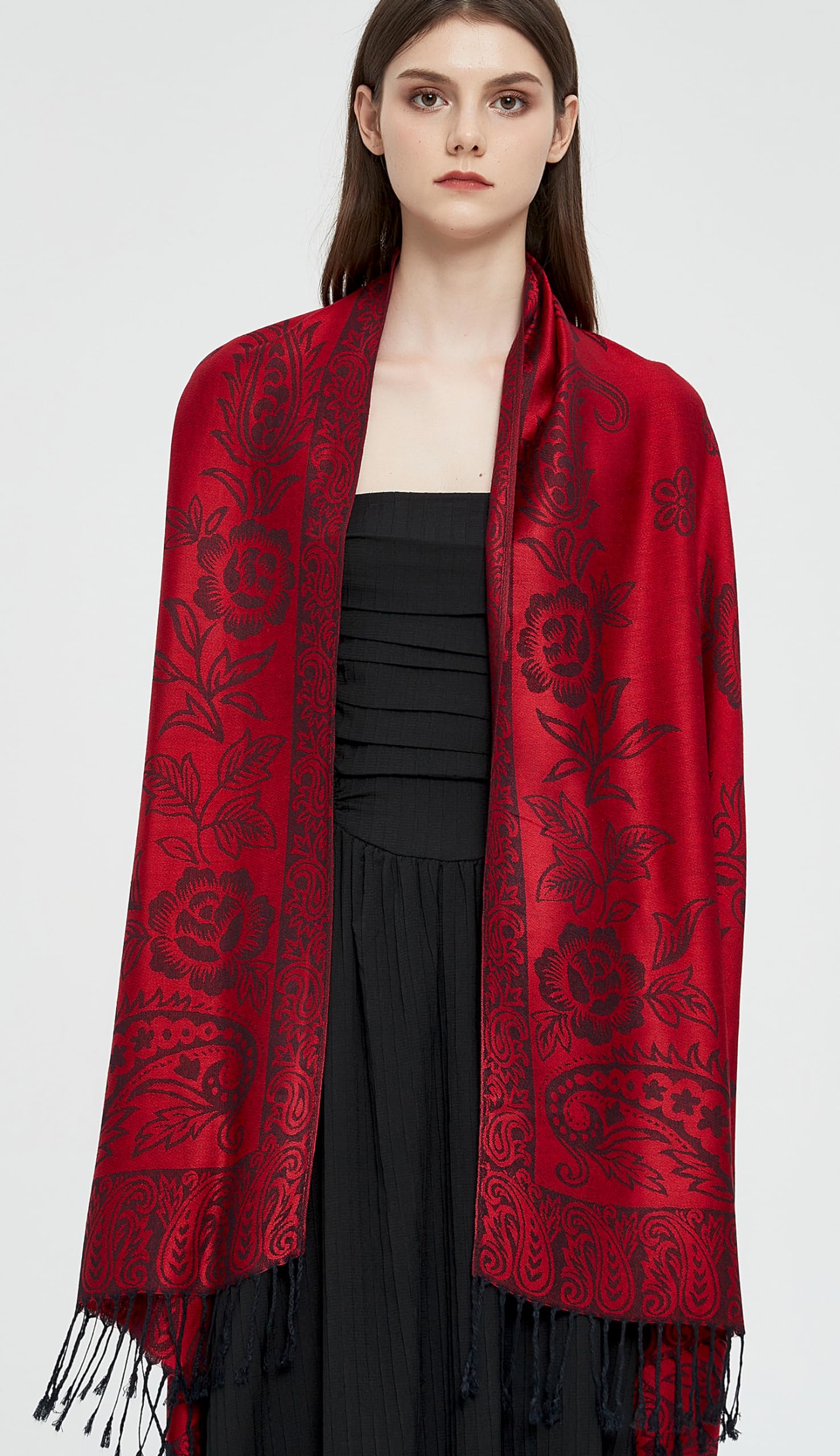 Gragengs Pashmina Shawl Wrap with Ethnic Paisley Two Tone Jacquard Scarf for Women,Paisley-Black Red