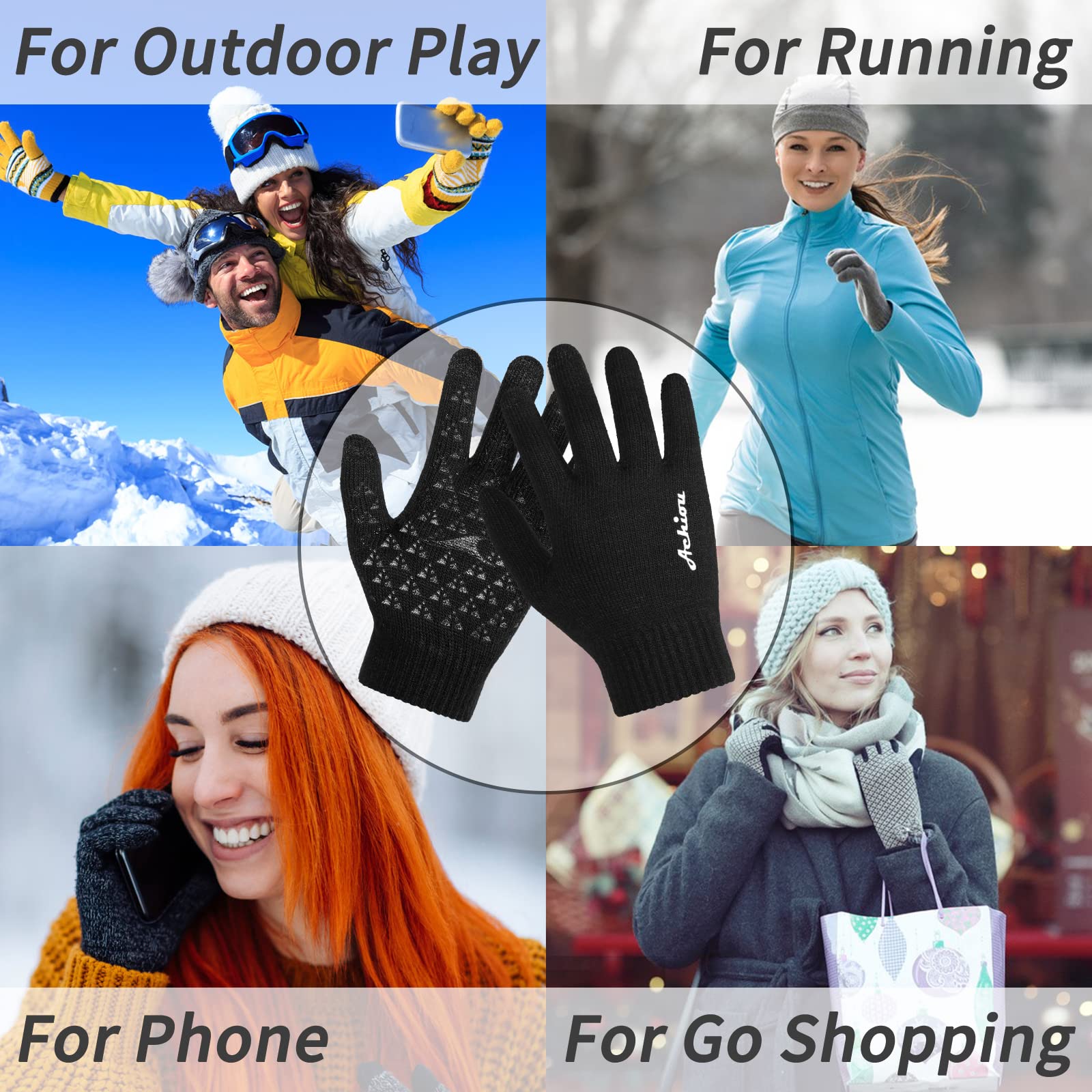 Achiou Winter Gloves for Men Women,2 Pairs Touch Screen Texting Warm Gloves with Thermal Soft Knit Lining,Elastic Cuff