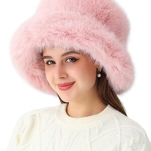 Rulala Fancy Women's Faux Fur Bucket Hats Fluffy Winter Warm Ladie's Unique Wide Brim Fisherman Cap(Pink)