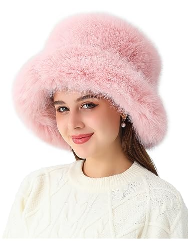 Rulala Fancy Women's Faux Fur Bucket Hats Fluffy Winter Warm Ladie's Unique Wide Brim Fisherman Cap(Pink)