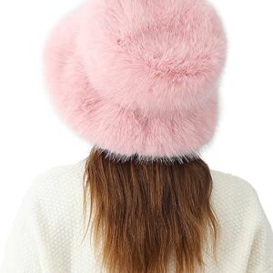 Rulala Fancy Women's Faux Fur Bucket Hats Fluffy Winter Warm Ladie's Unique Wide Brim Fisherman Cap(Pink)