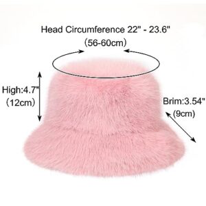 Rulala Fancy Women's Faux Fur Bucket Hats Fluffy Winter Warm Ladie's Unique Wide Brim Fisherman Cap(Pink)