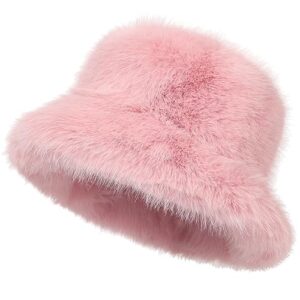 rulala fancy women's faux fur bucket hats fluffy winter warm ladie's unique wide brim fisherman cap(pink)