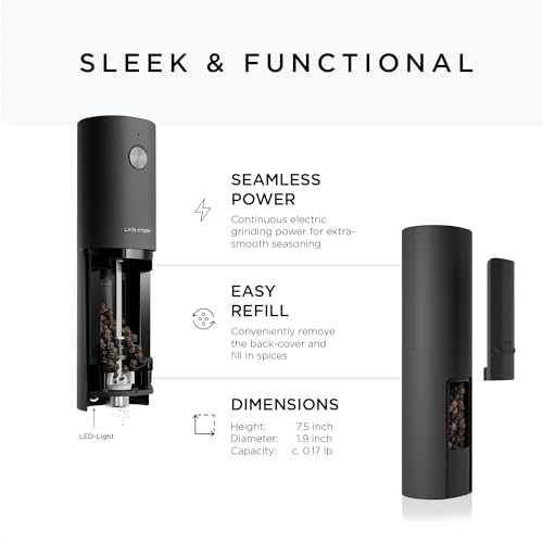 LARS NYSØM Electric Salt and Pepper Grinder Set I Automatic Salt and Pepper Mills with Adjustable Ceramic Grinder I USB Rechargeable Electric Spice Grinder Set (Carbon Black)