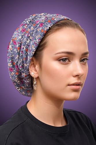 Ermandina Floral Head Covering for Women Tichel Slouchy Beanie Beret Snood Headcovering (Blue)