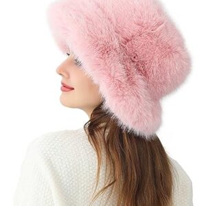 Rulala Fancy Women's Faux Fur Bucket Hats Fluffy Winter Warm Ladie's Unique Wide Brim Fisherman Cap(Pink)