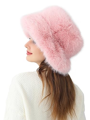 Rulala Fancy Women's Faux Fur Bucket Hats Fluffy Winter Warm Ladie's Unique Wide Brim Fisherman Cap(Pink)