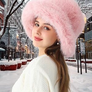 Rulala Fancy Women's Faux Fur Bucket Hats Fluffy Winter Warm Ladie's Unique Wide Brim Fisherman Cap(Pink)