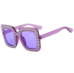 ikanoo oversized crystal sunglasses for women square thick frame bling rhinestone elton john sparkling glasses (purple)