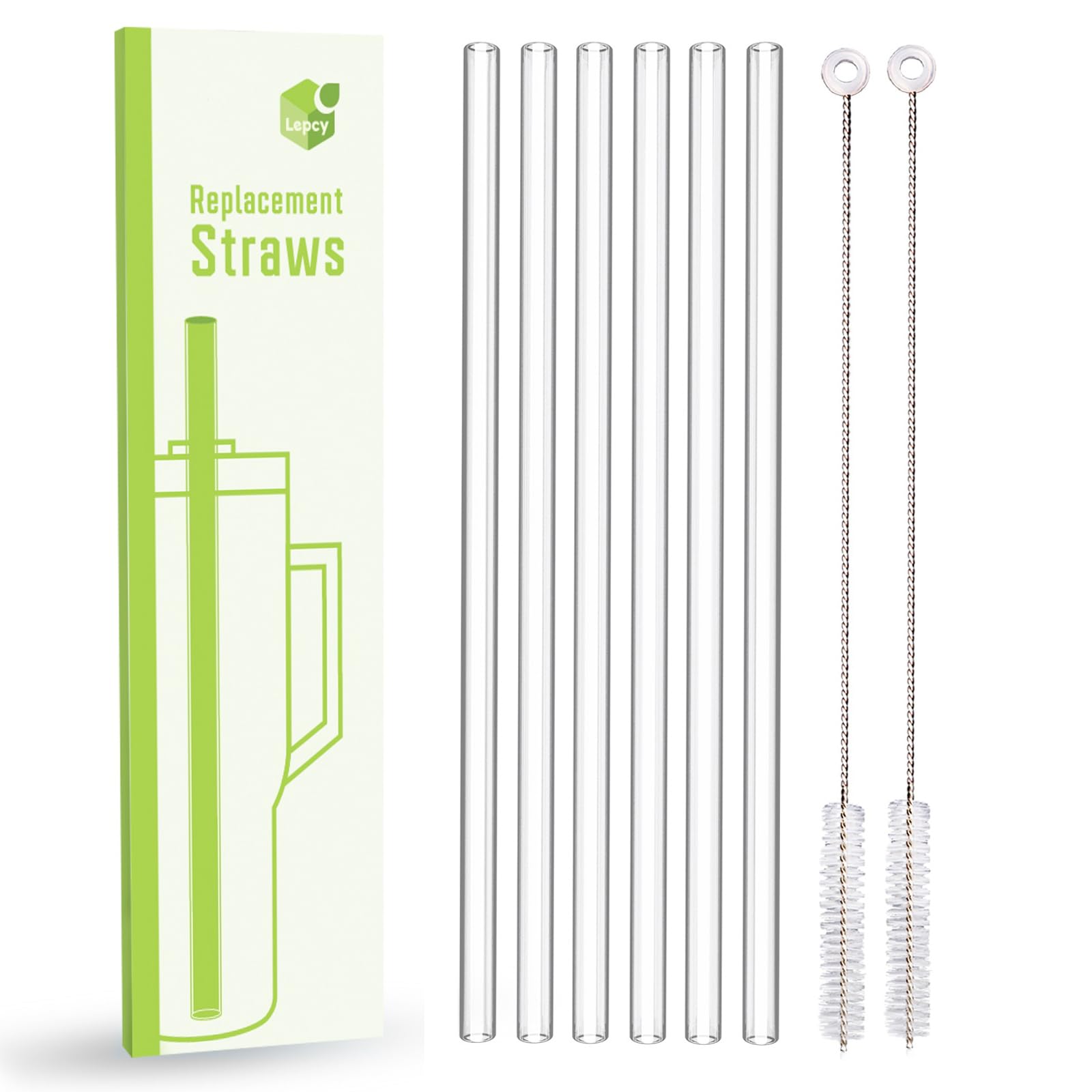 LEPCY 12 inch Reusable Straws for Stanley & Simple Modern 40 OZ Tumbler. 6 Plastic Replacement Straws + 2 Straw Cleaner Brush. Clear and BPA Free, Protective Brush Handle Protects Your Finger