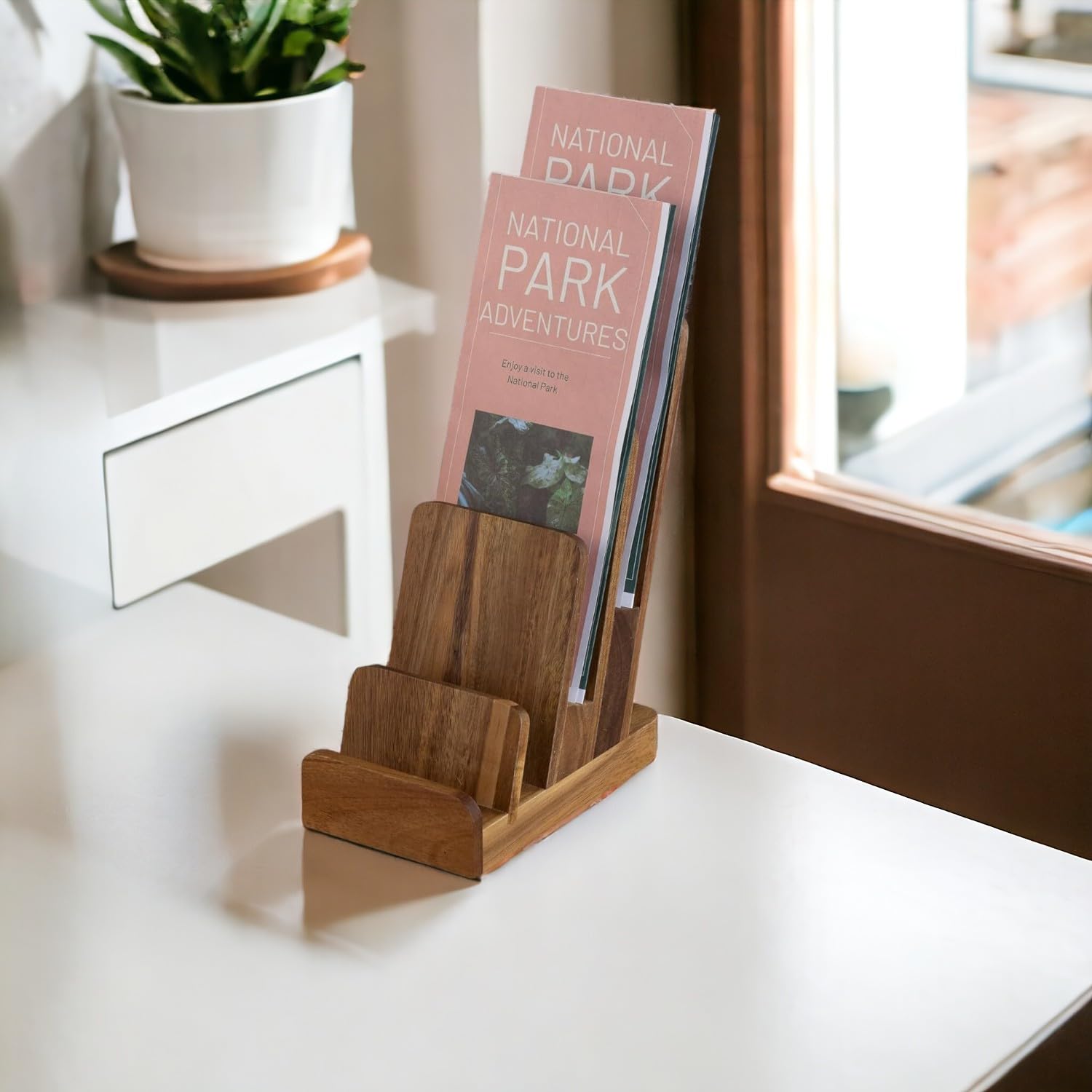 Brochure Holder - 4-Tier Acacia Wood Brochure Display Stand - Waterproof Flyer Stand w/Non-Slip Base - Handmade Flyer Holder for Flyer Display, Menu Holder, Pamphlet & Business Cards- [Pack of 1]