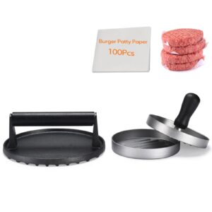 tifmi 7" burger press & 4.6" hamburger press patty maker, non-stick aluminum with 100 patty papers bpa free, cast iron grill press for perfectly seared bacon,panini,steak & sandwiches