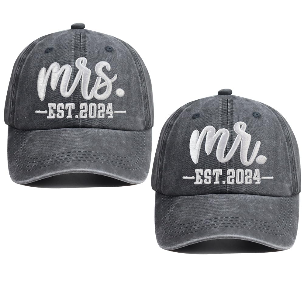 Mr and Mrs Gifts for Men Women, Mr. Mrs. EST 2024 Hat, Adjustable Washed Cotton Embroidered Matching Hats for Couples Baseball Cap, Engagement Wedding Newlyweds Outfits Just Married Honeymoon (2PCS)