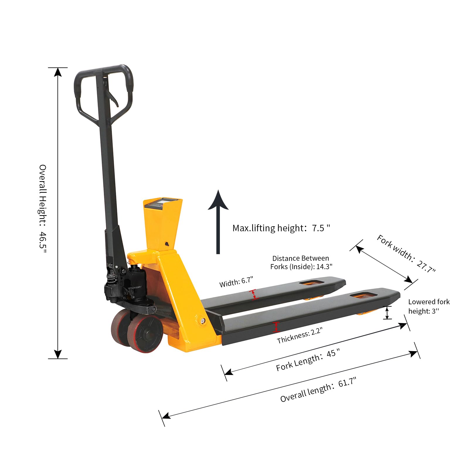 T Tory Carrier Scale Pallet Jack Digital Scale Hand Truck 4400lbs Capacity Manual Pallet Jacks 48" Lx27 W Fork Size, 1lb Readability Electronic Scale