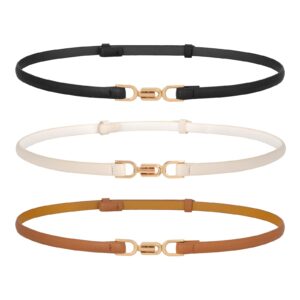 triworks 3 pack women skinny leather belt adjustable thin waist belts with alloy buckle for dresses black/beige/brown