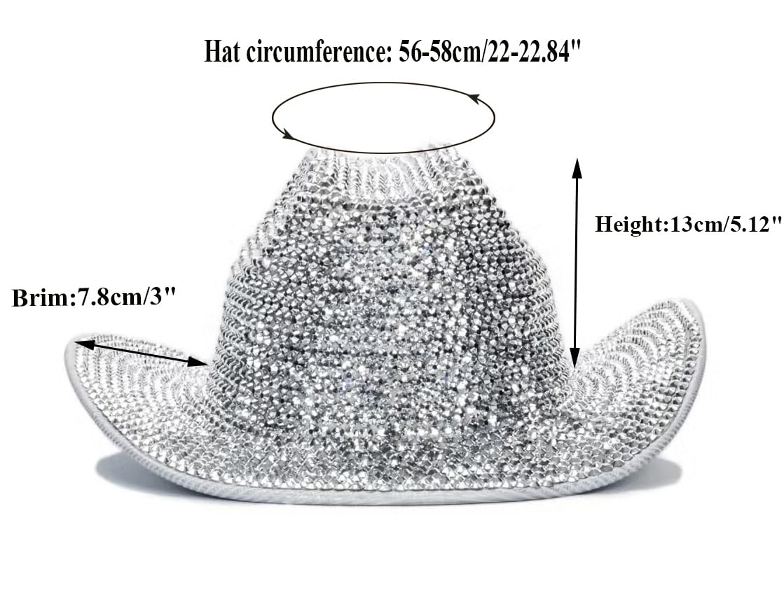 Silver Rhinestone Western Cowboy Hat for Womens - Glitter Cowgirl Hat for Disco Parties and Costumes