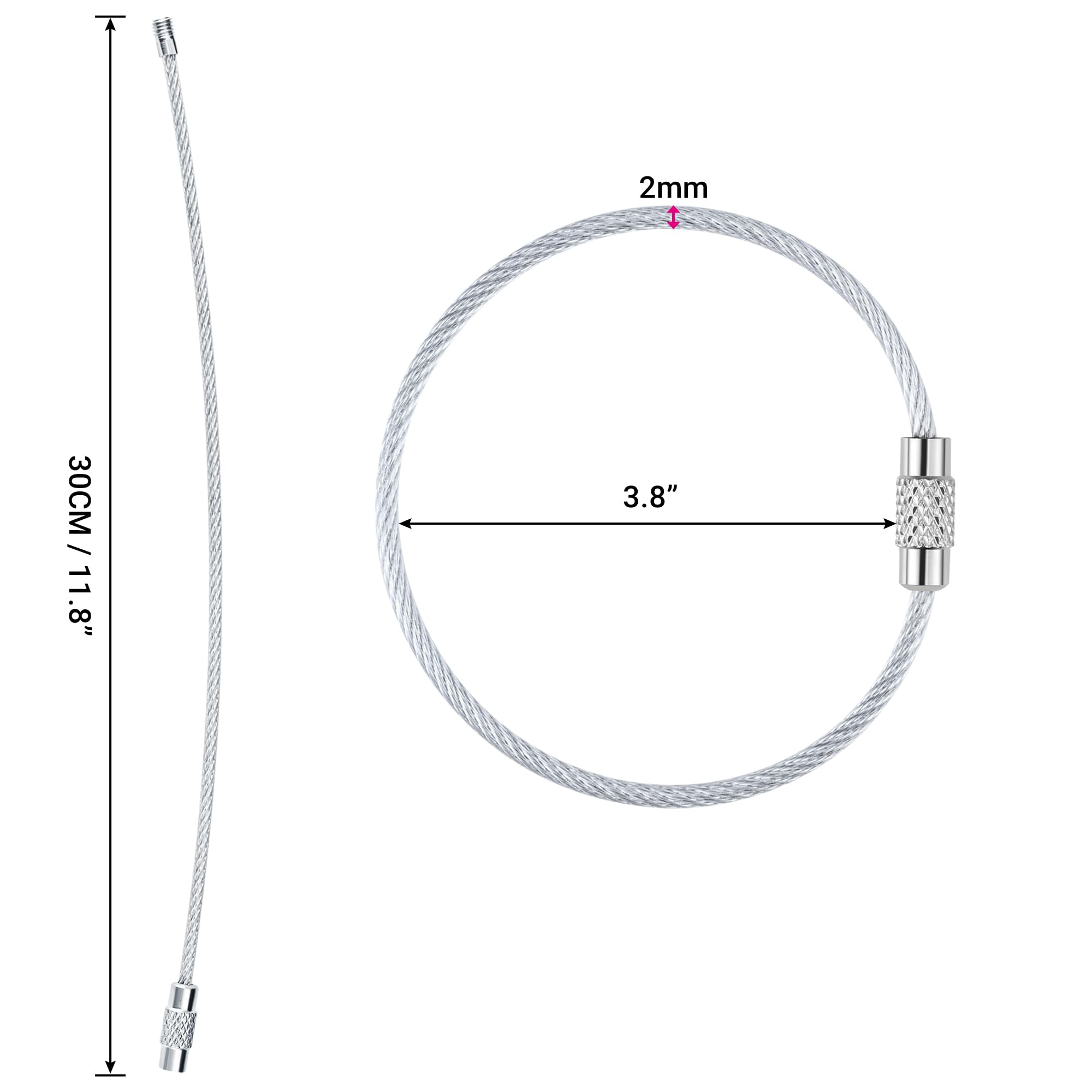 11.8 Inch Wire Keychain Cable,Large Stainless Steel Key Ring Loop Holder,Nylon Coated Screw Lock Key Rings,2mm Heavy Duty,Pack of 20,Silver