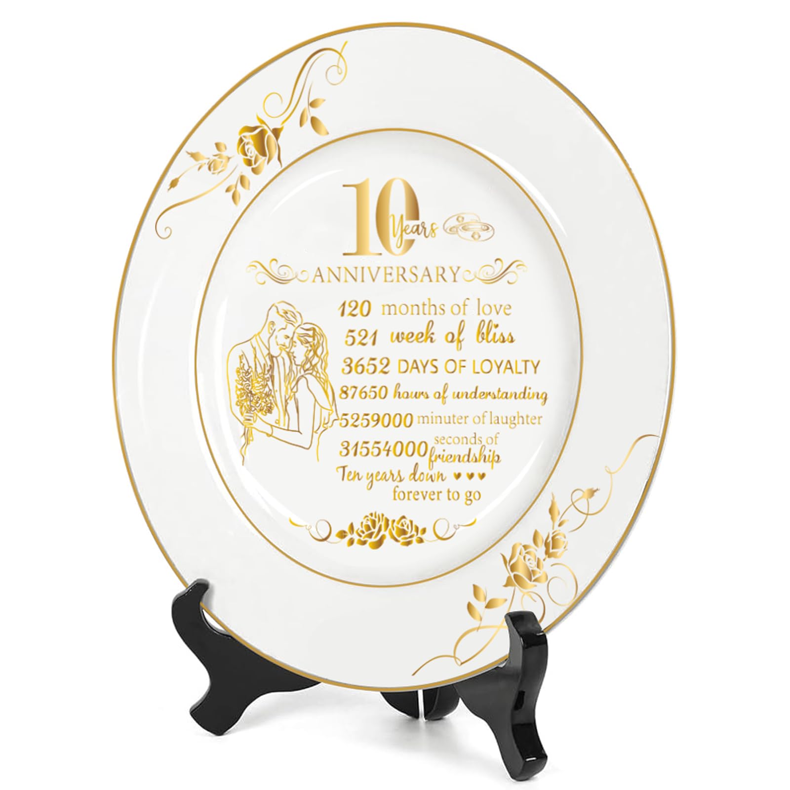 SHUNNIUB Fabulous 10th Anniversary Wedding Gifts, Luxurious 24K Gold Foil 10th Commemorative Plate Anniersary-Gifts for Him Her Couple