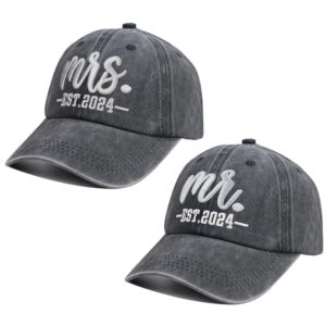 Mr and Mrs Gifts for Men Women, Mr. Mrs. EST 2024 Hat, Adjustable Washed Cotton Embroidered Matching Hats for Couples Baseball Cap, Engagement Wedding Newlyweds Outfits Just Married Honeymoon (2PCS)