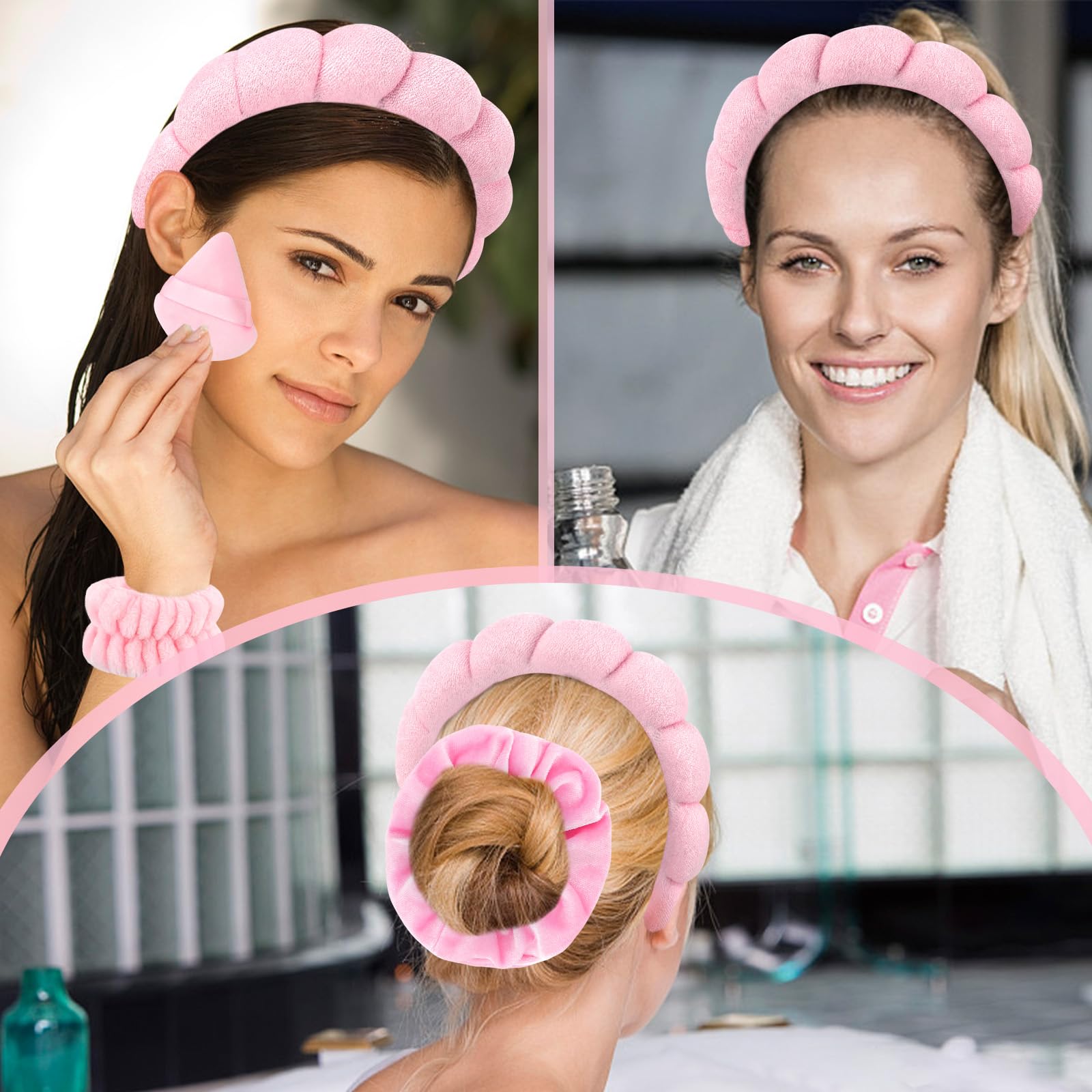 Araluky Spa Headband Set, 7Pcs Puffy Terry Cloth Headband and Wristband for Skincare, Makeup, Yoga, Shower, Spa Party, Sleepover Party, Pink