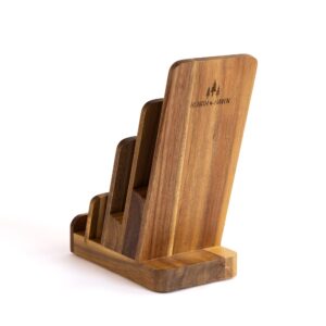 Brochure Holder - 4-Tier Acacia Wood Brochure Display Stand - Waterproof Flyer Stand w/Non-Slip Base - Handmade Flyer Holder for Flyer Display, Menu Holder, Pamphlet & Business Cards- [Pack of 1]