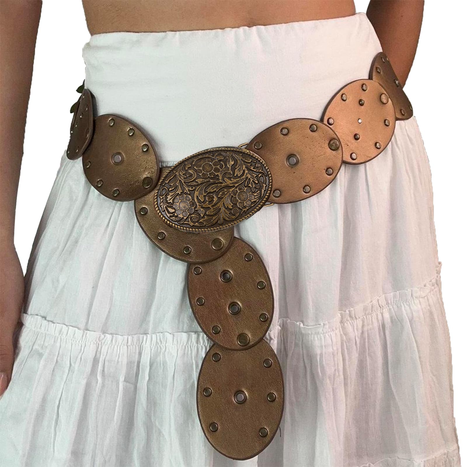 ABYOVRT Women Vintage Y2k Belt Concho Rivet Leather Belts Western Cowgirl E Girl 90s Accessories for Skirts Pants Dress (E-Brown)